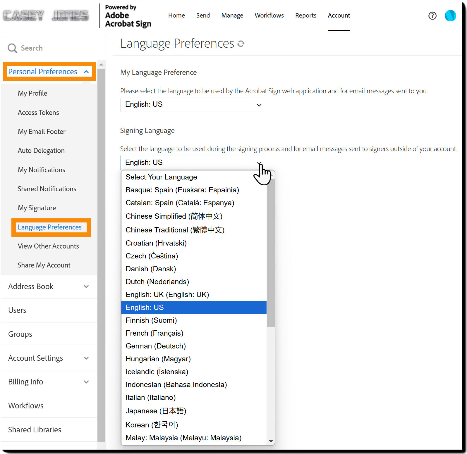 Select your language preference for the interface and delivered emails